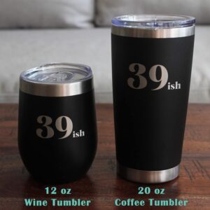 39ish - Funny 40th Birthday Wine Tumbler Glass with Sliding Lid - Stainless Steel Insulated Mug - Bday Party Decorations for Women Turning 40 - Teal