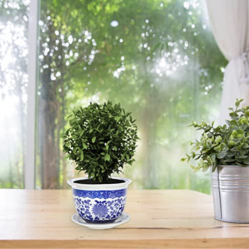 GANAZONO Outdoor Planters Blue and White Porcelain Flower Pot with Porcelain Saucer Chinese Ceramic Plant Pots Balcony Planter Bonsai Pot for Garden and Indoor Plant Saucers