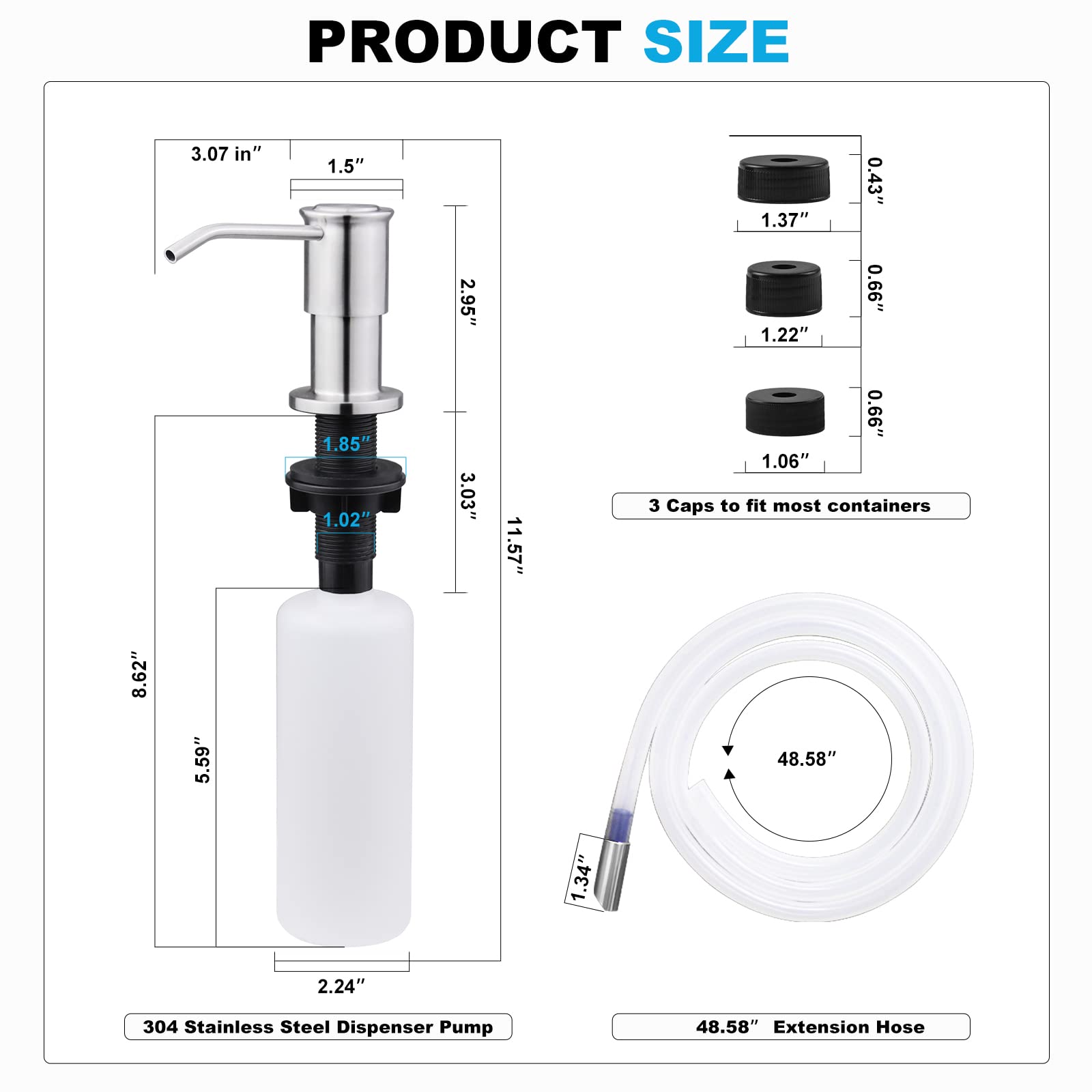 Soap Dispenser for Kitchen Sink with 304 Stainless Steel Pump Head, fit 1’’-3'' Thick Countertop, Built in Soap Pump with Continuous Extension Tube & Large Capacity Bottle in Brushed Nickel