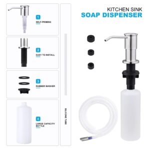 Soap Dispenser for Kitchen Sink with 304 Stainless Steel Pump Head, fit 1’’-3'' Thick Countertop, Built in Soap Pump with Continuous Extension Tube & Large Capacity Bottle in Brushed Nickel