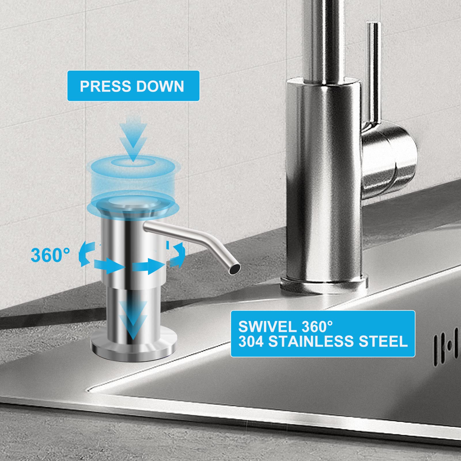 Soap Dispenser for Kitchen Sink with 304 Stainless Steel Pump Head, fit 1’’-3'' Thick Countertop, Built in Soap Pump with Continuous Extension Tube & Large Capacity Bottle in Brushed Nickel