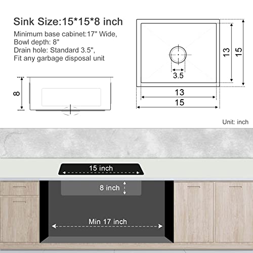 TSIBOMU 15 x 15 Inch Undermount Kitchen Sink, T-304 Stainless Steel Single Bowl Bar Sink or Prep Small Sink (Brushed)