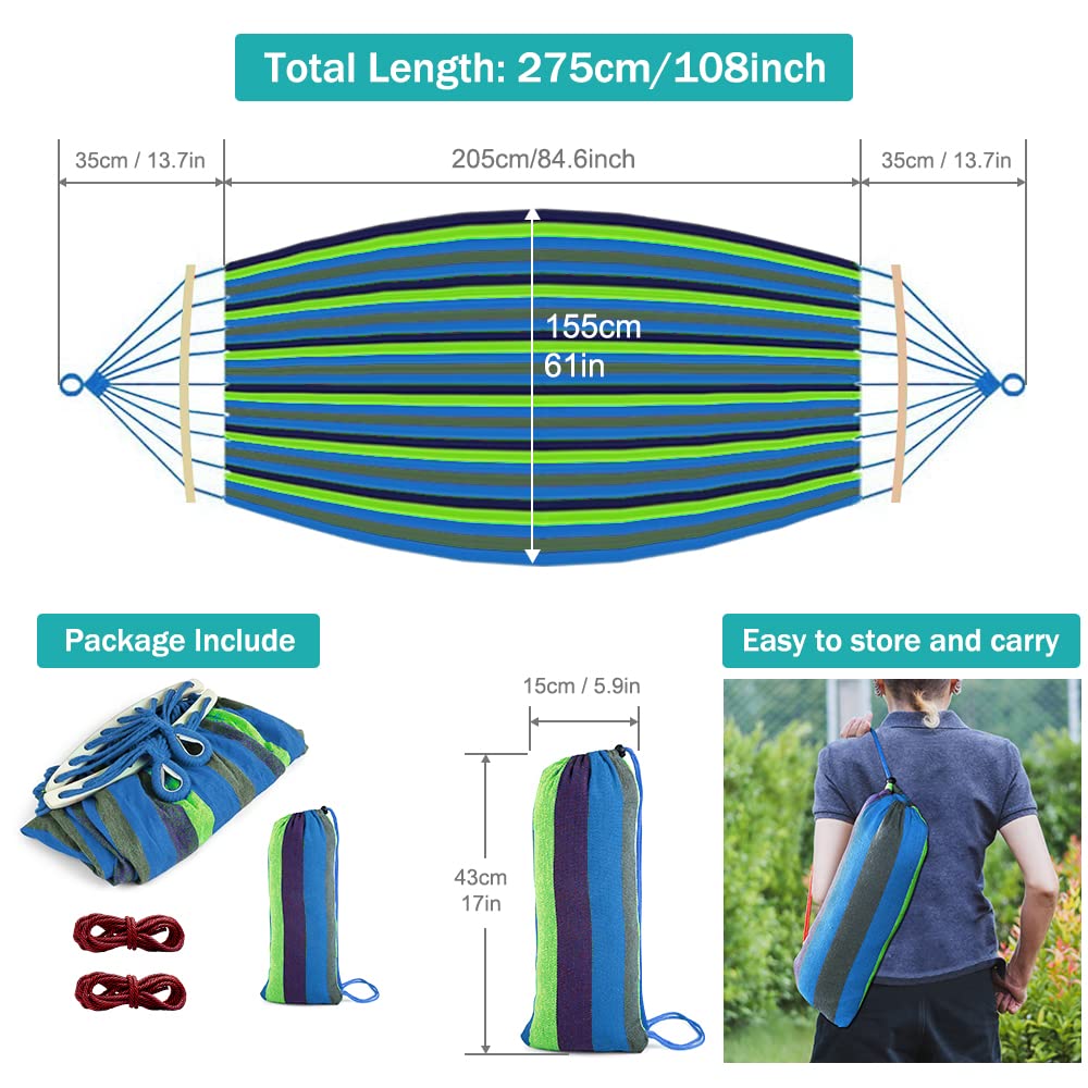 MOSFiATA Hammocks Portable Camping Hammock Upgraded 550lb Comfortable Fabric Hammock with Two Anti Roll Balance Beam and Sturdy Tree Straps for Camping, Patio, Backyard, Outdoor （Blue Green）