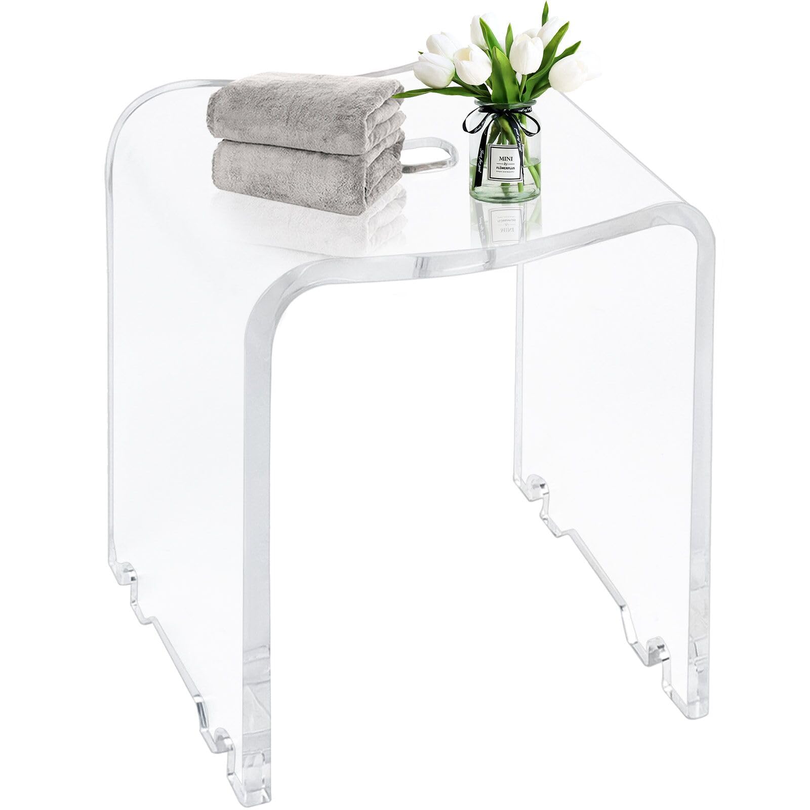 NEJHC Acrylic Shower Bench, Clear Shower Stool Bath Seat with Anti-Slip Feets and Water Flowing Design, Beautiful Integrated Acrylic, No Assembly Required, 300lbs Weight Capacity