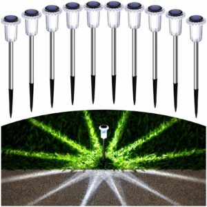 Gorrzai Solar Pathway Lights 10 Pack Solar Outdoor Lights, Led Waterproof Solar Powered Yard Walkway Lighting Stainless Steel Garden Stake for Path, Landscape, Lawn, Driveway, Backyard(Cold White)