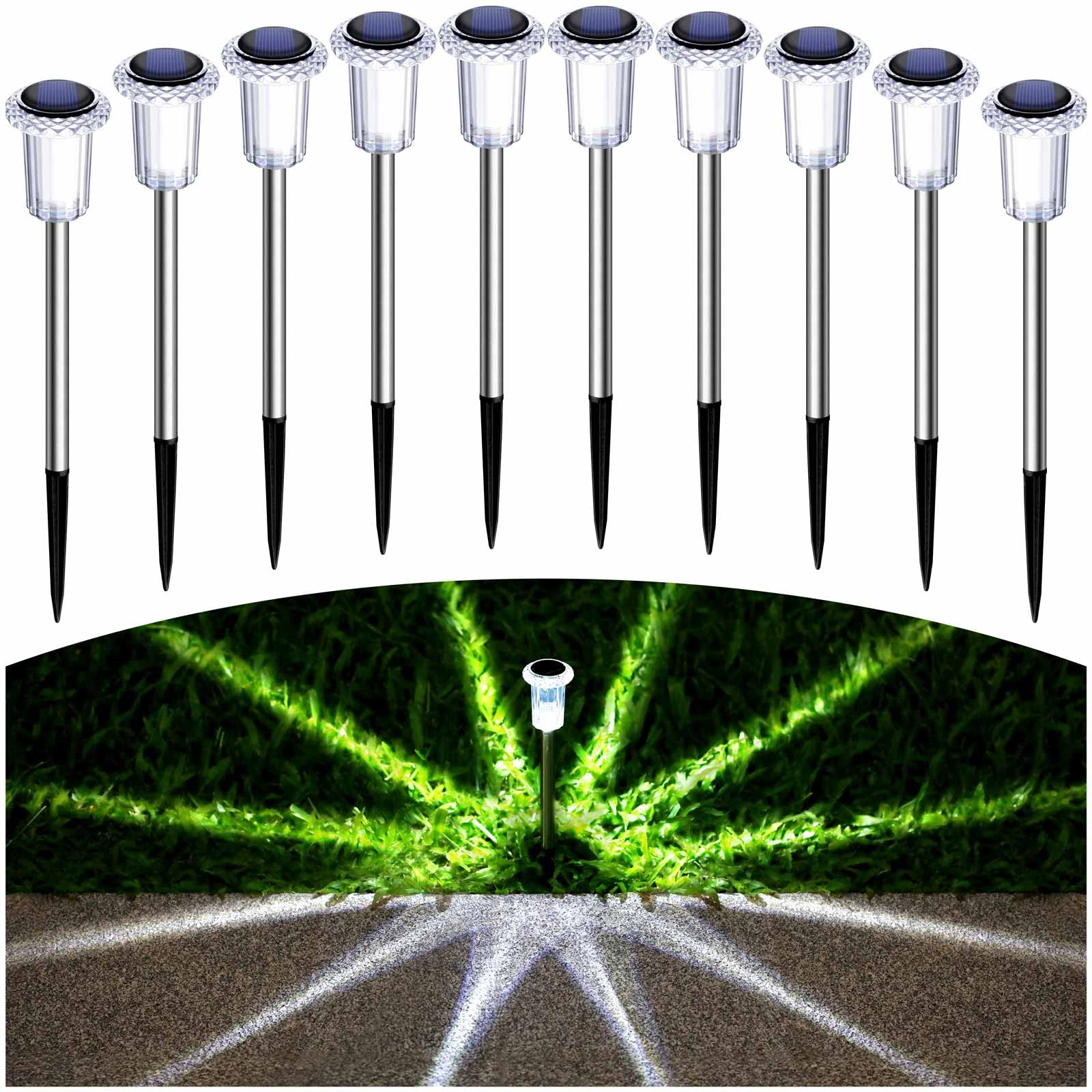 Gorrzai Solar Pathway Lights 10 Pack Solar Outdoor Lights, Led Waterproof Solar Powered Yard Walkway Lighting Stainless Steel Garden Stake for Path, Landscape, Lawn, Driveway, Backyard(Cold White)