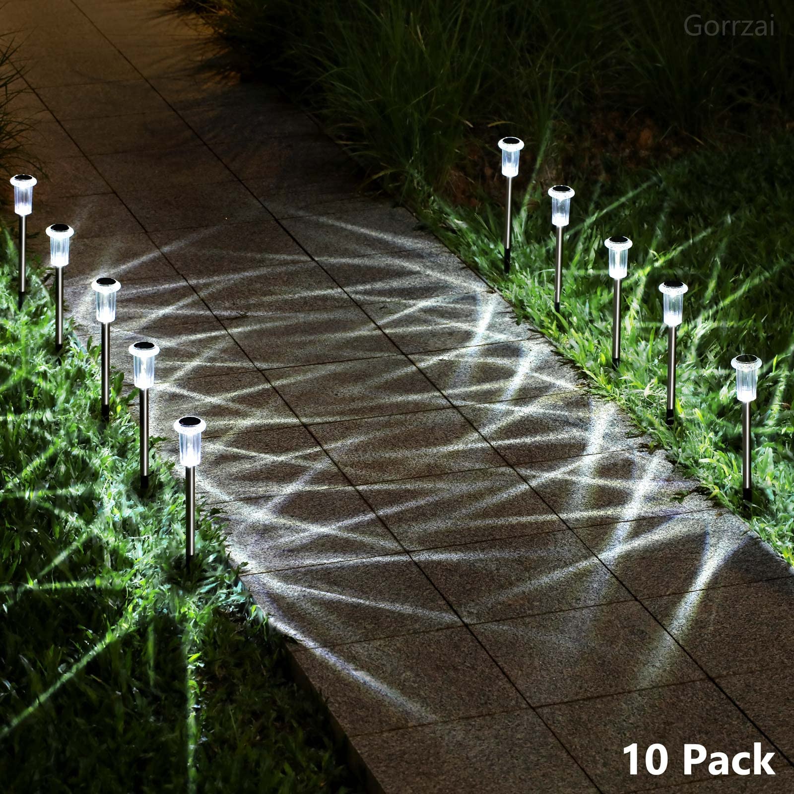 Gorrzai Solar Pathway Lights 10 Pack Solar Outdoor Lights, Led Waterproof Solar Powered Yard Walkway Lighting Stainless Steel Garden Stake for Path, Landscape, Lawn, Driveway, Backyard(Cold White)