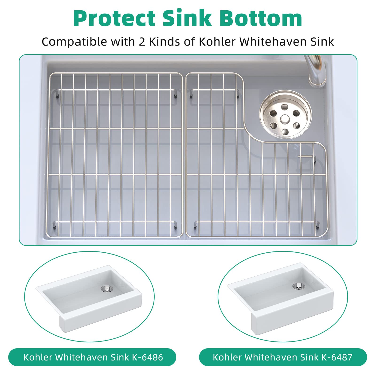 Dreyoo Sink Racks Compatible with Kohler Whitehaven K-6486 and K-6487 Sink, 304 Stainless Steel Sink Protectors for Kitchen Sink with 9 Additional Rubber Feet, 14.68 x 23 x 1.61 in (Classic Style)