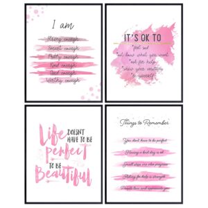 yellowbird art & design inspirational quotes wall decor - pink motivational poster set - positive affirmations wall art - encouraging gift for women girls - i am - inspiring wall art - unframed 8x10