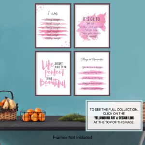 Yellowbird Art & Design Inspirational Quotes Wall Decor - Pink Motivational poster Set - Positive Affirmations Wall Art - Encouraging Gift for Women Girls - I Am - Inspiring Wall Art - UNFRAMED 8x10