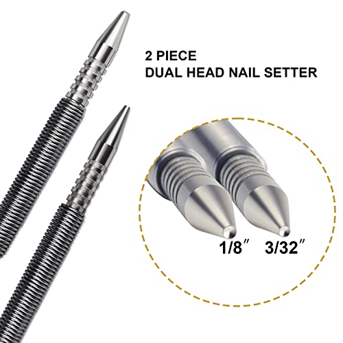 PMIIO 2 Pieces Dual Head Nail Setter Spring Loaded Nail Set Spring Nail Punch Hammerless Tool Kit 3/32″& 1/8″ Tools 3500 PSI Striking Force Counter Punch