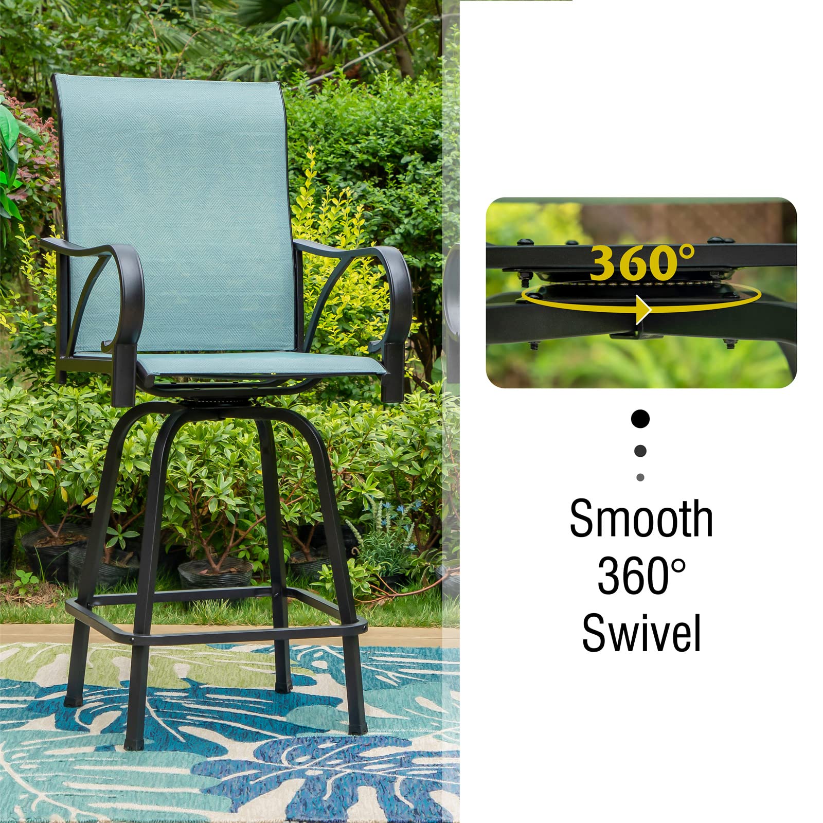 MFSTUDIO 3 PCS Swivel Bar Stools Set, Outdoor Kitchen Bar Height Patio Bistro Set Blue Fabric, All-Weather Patio Furniture