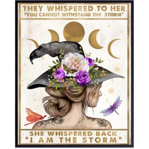 Witch Wall Art Motivational poster 8x10 - They Whispered to Her You Cannot Withstand The Storm - Inspirational Gift for Women - Wiccan Witchy Room Decor - Pagan Witchcraft Home Decor - Positive Quotes