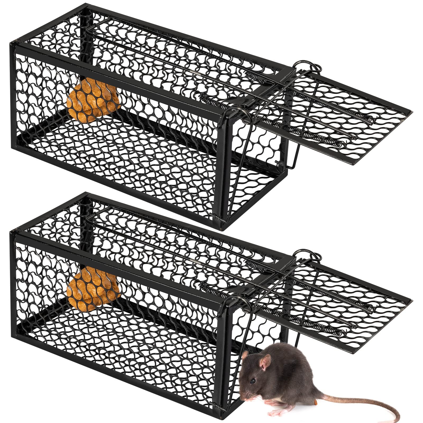 Humane Rat Trap Chipmunk Rodent Trap Mouse Trap Squirrel Trap Small Live Animal Trap Mouse Voles Hamsters Live Cage Rat Mouse Cage Trap for Mice Easy to Catch and Release (Black,2 Pcs)