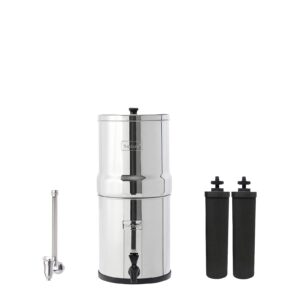 big berkey gravity-fed water filter system with 2 black berkey elements plus deluxe 7" stainless steel berkey water view spigot