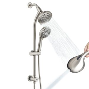 high pressure handheld/rain 82-mode 3-way shower head combo with 25.75" adjustable drill-free stainless steel slide bar, pet & tub power wash and anti-clog nozzles, with 5ft hose - brush nickel