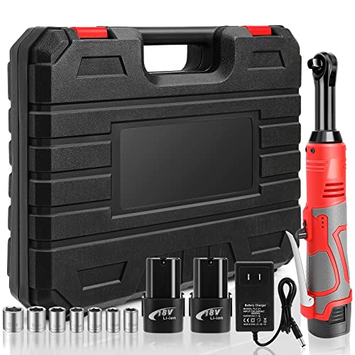 GYZJ 𝟏𝟖𝐕 Extended Cordless Ratchet Wrench 𝟑/𝟖" Electric Wrenches Set 45 ft-lbs 400RPM Power, 𝟐 Battery 2.0Ah Lithium-Ion, 𝟕 Sockets (10/11/12/13/14/15/17mm) And Charger, Variable Speed Trigger