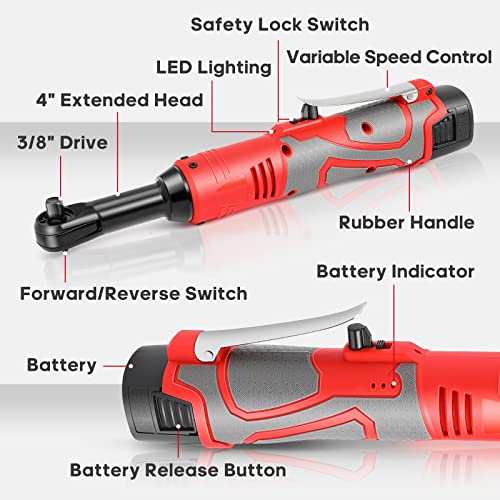 GYZJ 𝟏𝟖𝐕 Extended Cordless Ratchet Wrench 𝟑/𝟖" Electric Wrenches Set 45 ft-lbs 400RPM Power, 𝟐 Battery 2.0Ah Lithium-Ion, 𝟕 Sockets (10/11/12/13/14/15/17mm) And Charger, Variable Speed Trigger