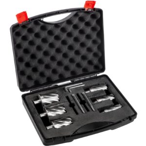 vevor annular cutter set, 6 pcs 3/4" weldon shank, 2" cutting depth and cutting diameter from 1" to 2", 2 pilot pins & strong case for using with magnetic drills, silver