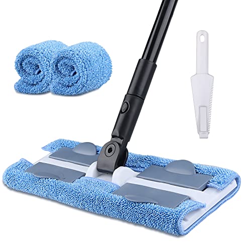 Professional Microfiber Mop Floor Cleaning Mop, Hardwood Floor Mop with Durable Extended Handle, 360 Rotating Dust Mop, 3 Reusable Washable Flat Mop Pads and 1 Dirt Removal Scrubber - Black and Blue