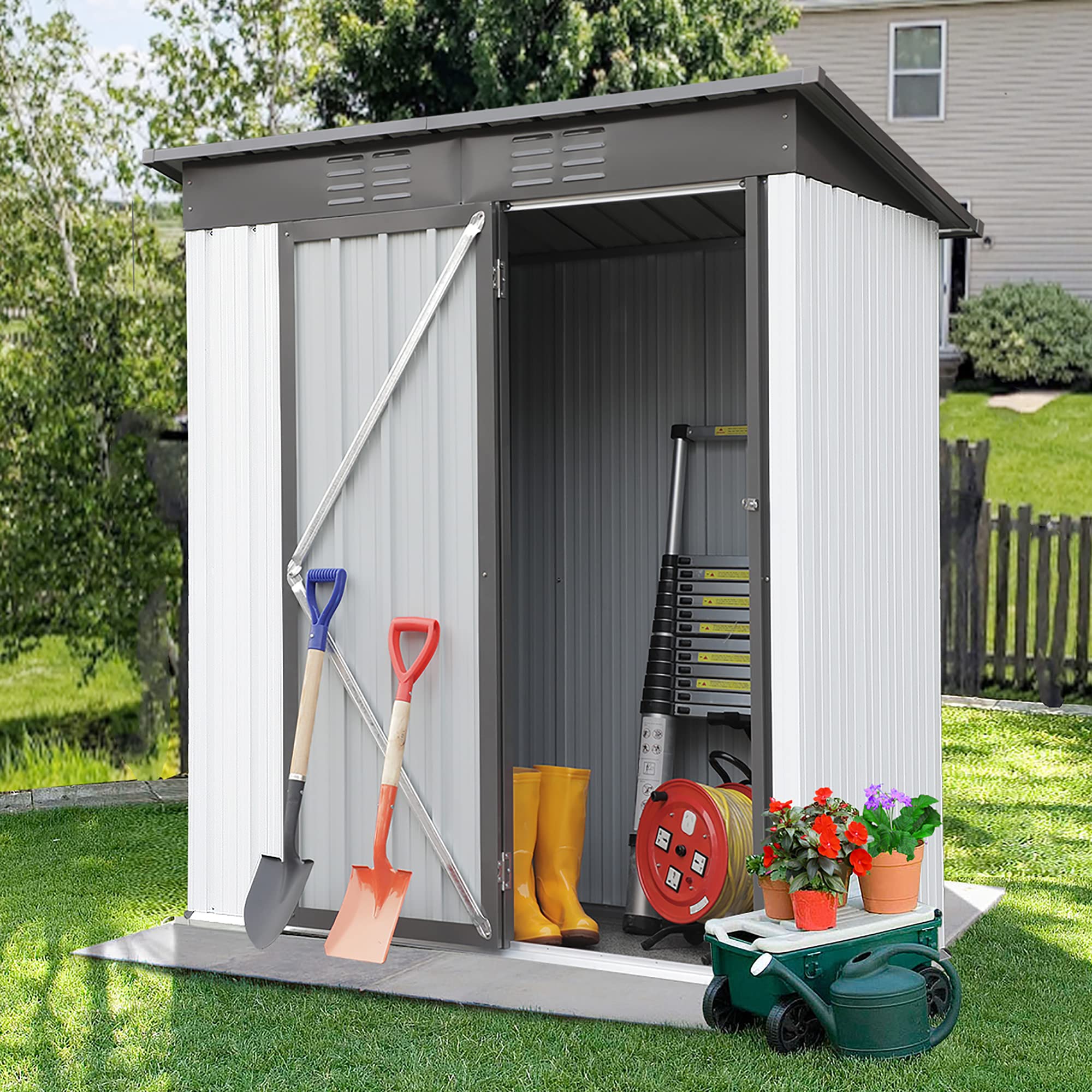 5 x 3ft Outdoor Metal Storage Shed，with Lockable Doors, Sun Protection, Waterproof Tool Storage Shed for Patio, Lawn,Backyard (Gray)