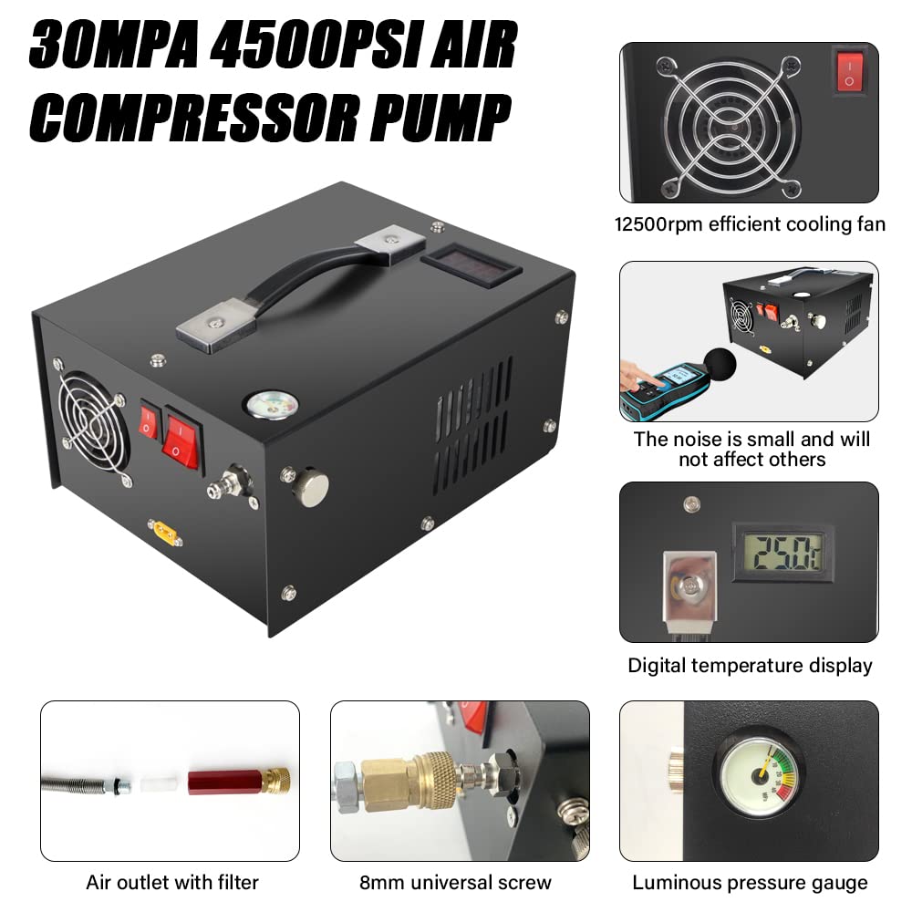 PenkiDeed PCP Portable Air Compressor Powered by 110V /220V AC or 12V DC,Oil/Water-Free and Fan Cooling 4500Psi/40Mpa Pressure Air Compressor,PCP Compressor Pump for Air Gun and Paintball/Scuba Tank