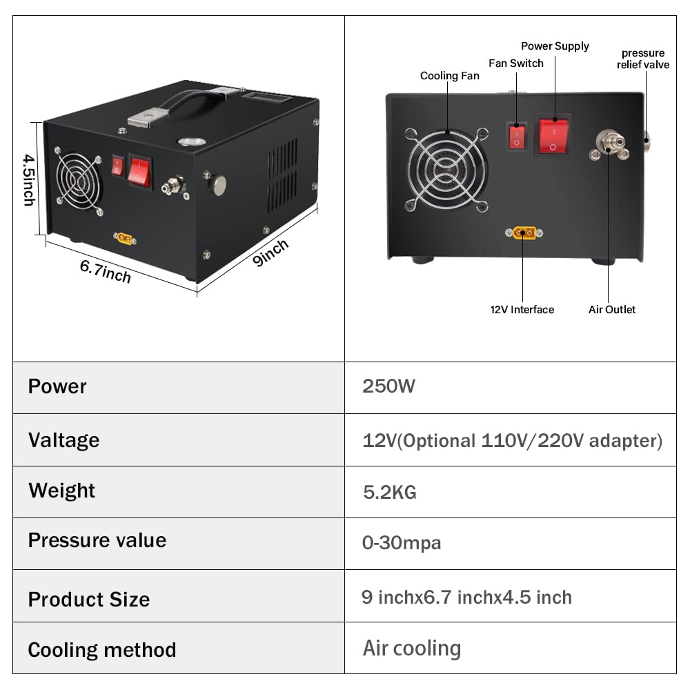 PenkiDeed PCP Portable Air Compressor Powered by 110V /220V AC or 12V DC,Oil/Water-Free and Fan Cooling 4500Psi/40Mpa Pressure Air Compressor,PCP Compressor Pump for Air Gun and Paintball/Scuba Tank