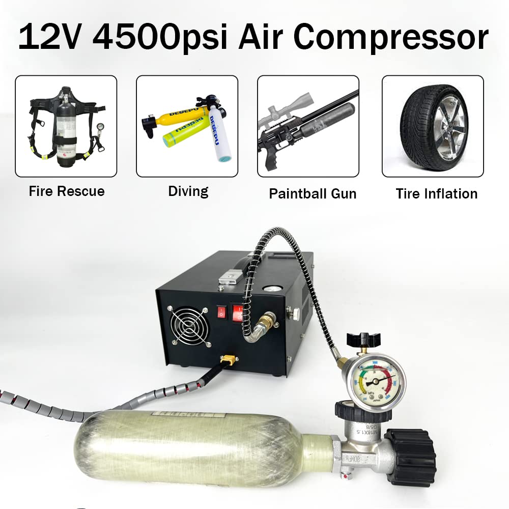 PenkiDeed PCP Portable Air Compressor Powered by 110V /220V AC or 12V DC,Oil/Water-Free and Fan Cooling 4500Psi/40Mpa Pressure Air Compressor,PCP Compressor Pump for Air Gun and Paintball/Scuba Tank