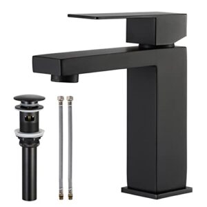 kes black bathroom faucet & bathroom sink drain with overflow, cupc certified vanity single hole faucet with pop up drain stopper rustproof matte black, l3156alf-bk-c3