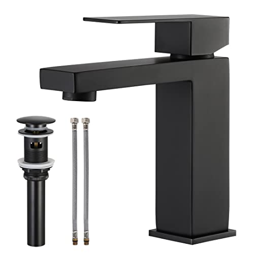 KES Black Bathroom Faucet & Bathroom Sink Drain with Overflow, cUPC Certified Vanity Single Hole Faucet with Pop Up Drain Stopper Rustproof Matte Black, L3156ALF-BK-C3