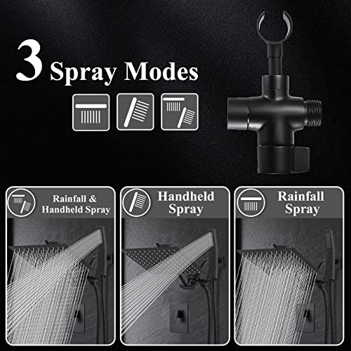 Psylc All Metal Shower Faucet Set (10-Inch Matte Black)/Rain Shower Head With Handheld (Including Pressure Balance Rough-in Valve), Dual Showerhead Combo/Square Rainfall Shower System For Bathroom