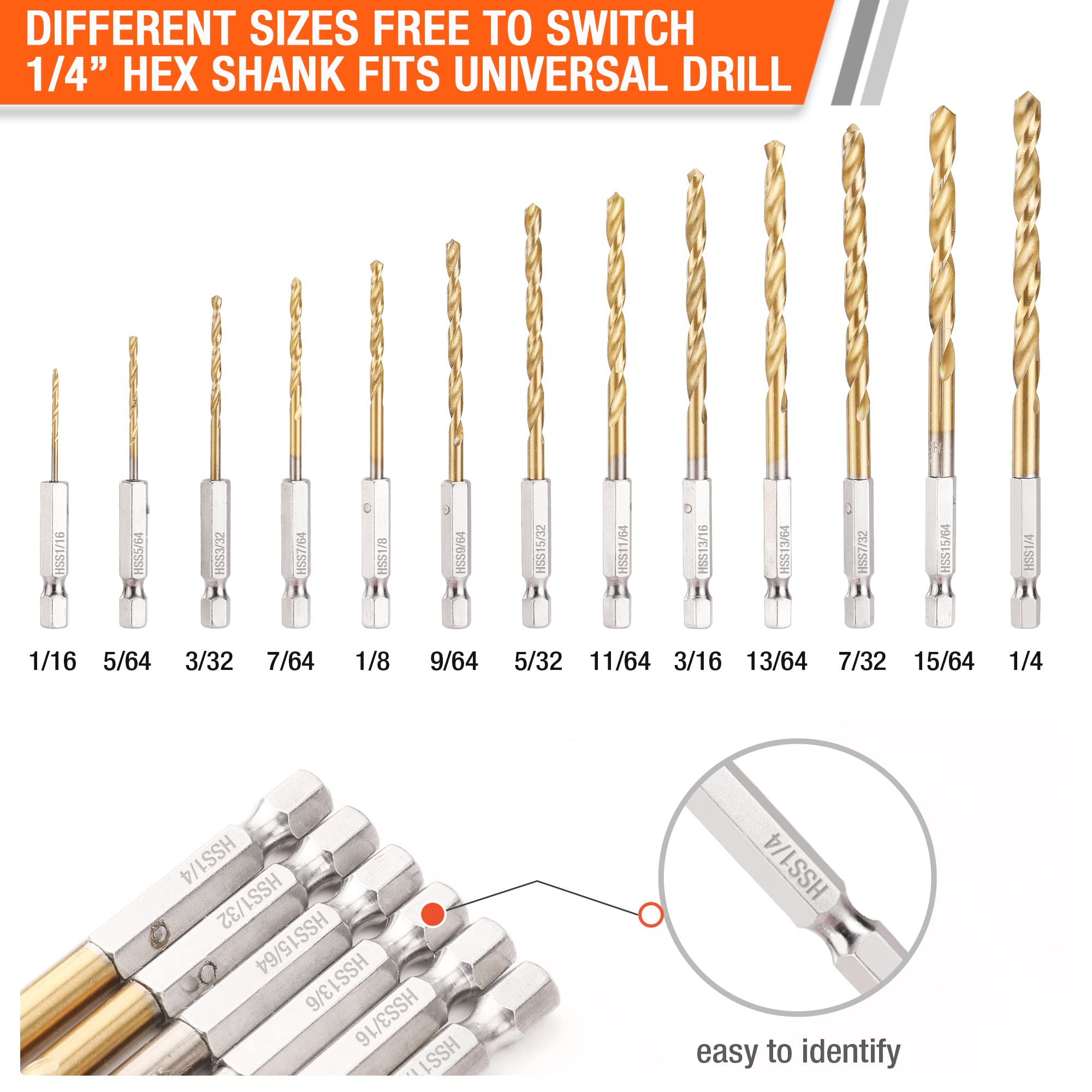 ValueMax Drill Bit Set, Hex Shank Impact Drill Bits with Storage Box, Titanium Coated HSS Twist Drilling Bit Kit for Soft Metal, Wood, PVC, Quick Change Design(13PC, 1/16"-1/4")