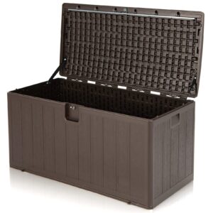 giantex outdoor storage deck box patio bin - 105 gallon indoor/outside storage box with lockable lid, waterproof storage chest for gardening tools, supplies, cushions storage container (105 gallon, brown)