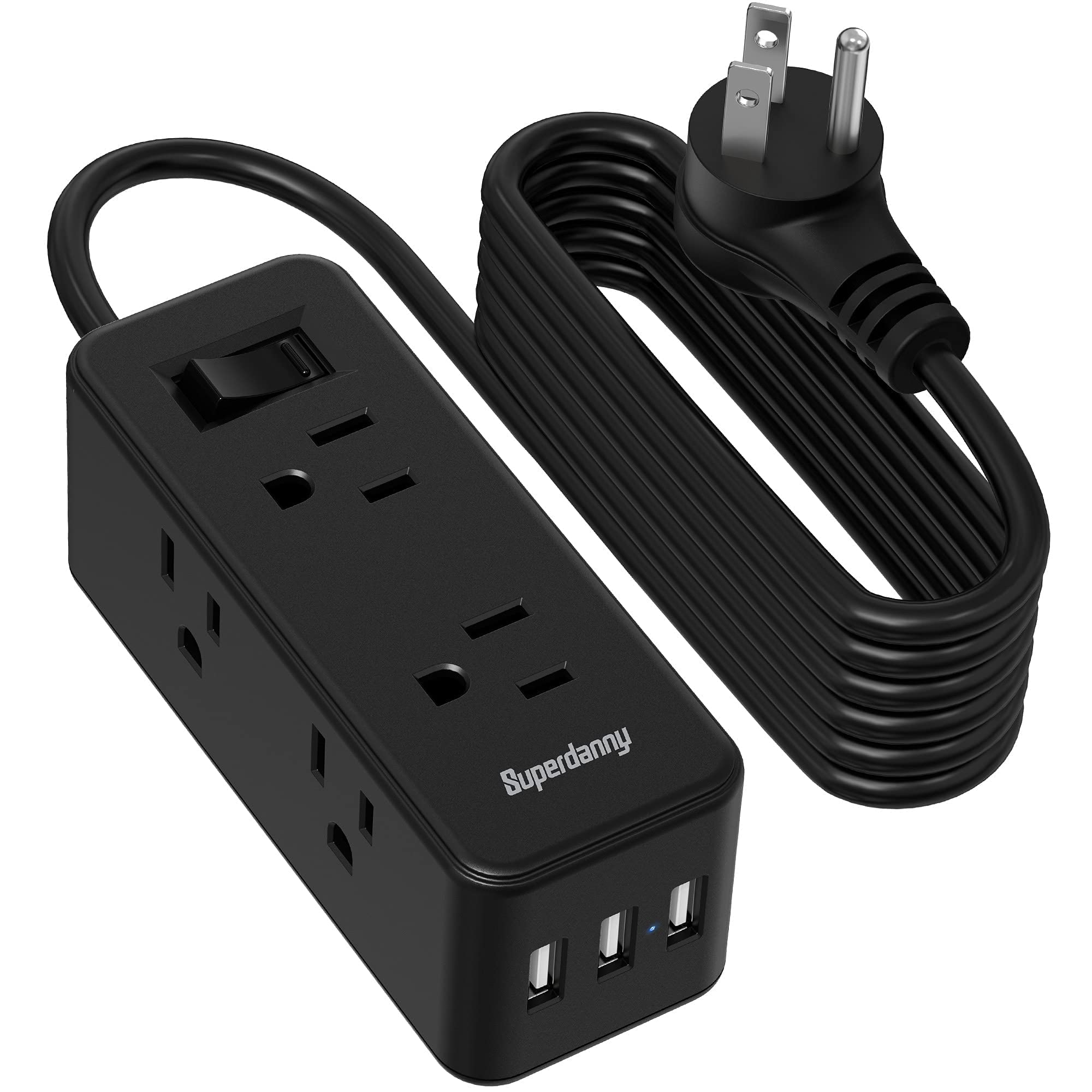 Power Strip Surge Protector with USB, SUPERDANNY Mini Flat Plug Extension Cord with 6 Widely Space Outlets & 3 USB Ports 5 Ft, Wall Mount, Compact & Small Charging Station for Office/Travel, Black