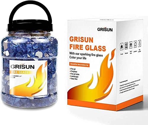 Grisun Fire Glass for Fire Pit, 1/2 Inch Mix 20 Pounds High Luster Reflective Tempered Glass Rocks for Natural or Propane Fireplace, Safe for Outdoors and Indoors Firepit Glass