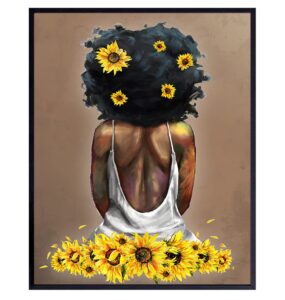 african american wall art - black wall art - sunflower wall decor for african american woman, girls - black girl magic - afro girl - black art for women - melanin queen - black pride - unframed 8x10