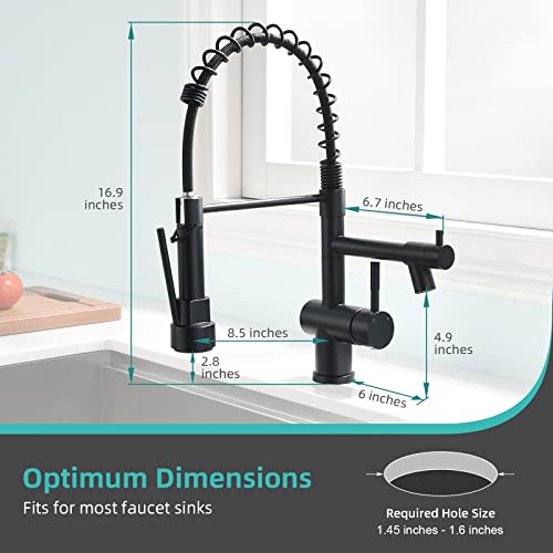 Kicimpro Commercial Faucet with Sprayer, Matte Black Kitchen Faucet Modern Single Handle High Arc Black Stainless Steel Kitchen Bar Sink Faucet for One Hole Or Three Hole Sink