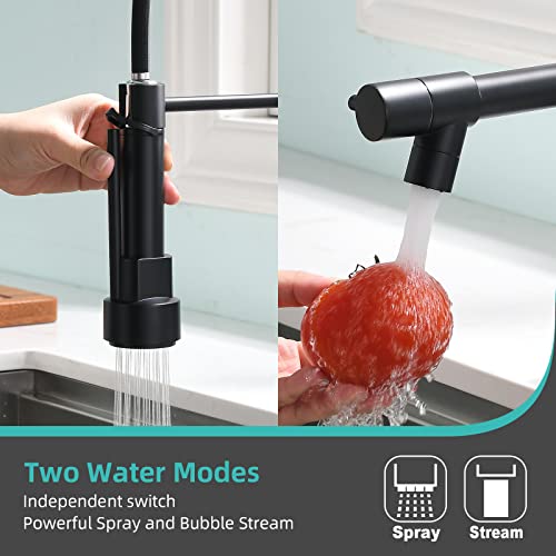 Kicimpro Commercial Faucet with Sprayer, Matte Black Kitchen Faucet Modern Single Handle High Arc Black Stainless Steel Kitchen Bar Sink Faucet for One Hole Or Three Hole Sink