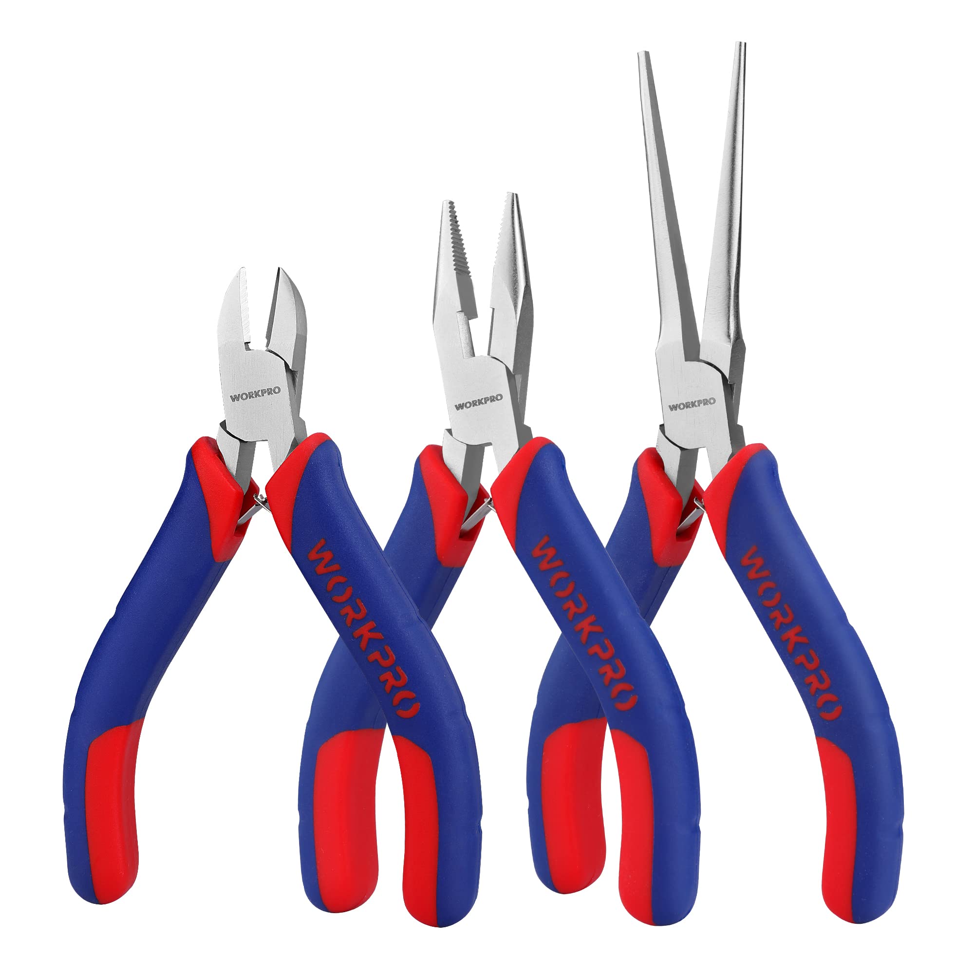 WORKPRO Mini Pliers Set, 3-Piece Small Pliers Tool Kit Includes 4” Diagonal Plier, 5” Long Nose Plier, 6” Needle Nose Plier, for Making Crafts, Repairing Electronic Devices