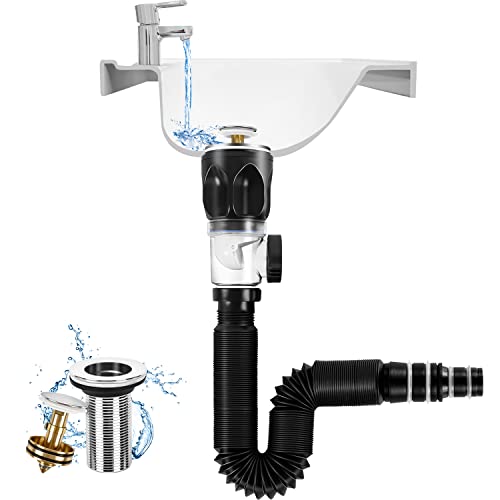 Bathroom Sink Drain Kit, Pop Up Drain with Basket Filter and Check Valve, Expandable Flexible Drain Kit, Fits Without Overflow and Overflow Vessel sink, P-Trap Fits 1 1/4"- 1 1/2" OD Drain Inlets