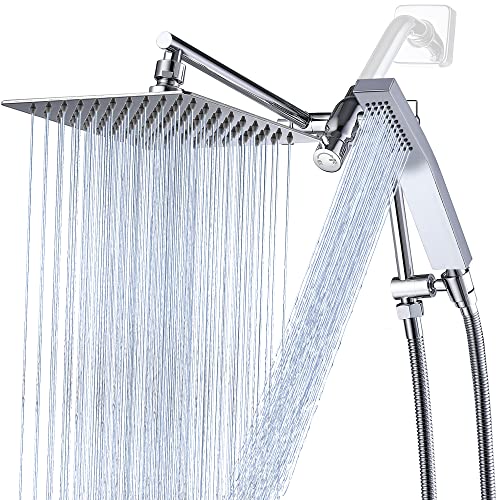 V-Frankness All Metal Dual Shower Head with Handheld Combo, 8 Inches Rain Shower Head Contains Diverter with Adjustable Shower Arm and Holder, and 70 Inches Extra Long Stainless Steel Hose (Chrome)