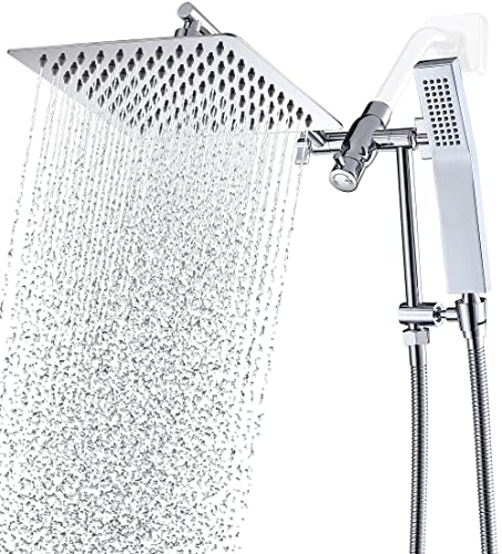 V-Frankness All Metal Dual Shower Head with Handheld Combo, 8 Inches Rain Shower Head Contains Diverter with Adjustable Shower Arm and Holder, and 70 Inches Extra Long Stainless Steel Hose (Chrome)