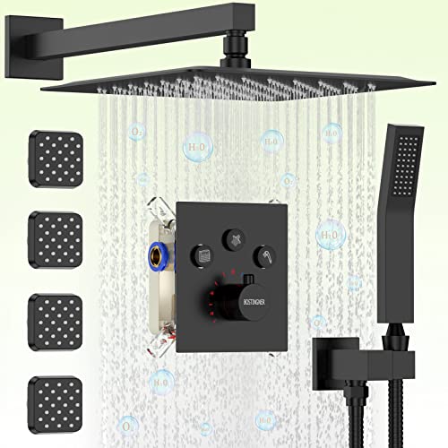 Bostingner Thermostatic Rain Shower System, 12 Inch Matte Black Wall Mount Faucet Set with Body Jets and Valve, All Functions Simultaneous Use