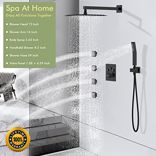 Bostingner Thermostatic Rain Shower System, 12 Inch Matte Black Wall Mount Faucet Set with Body Jets and Valve, All Functions Simultaneous Use