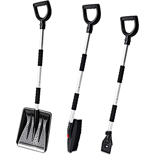 3-in-1 Snow Shovel with Ice Scraper & Snow Brush, Multifunctional Emergency Snow Shovel Kit, 3 Piece Portable Snow Shovel Removal Kit for Car and Truck, Camping and Outdoor Activities