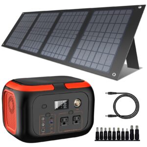 296wh 600w portable power station with 40w solar panel, solar generator outdoor backup battery supply with ac outlet for tent camping, home emergency, traveling, rv trip