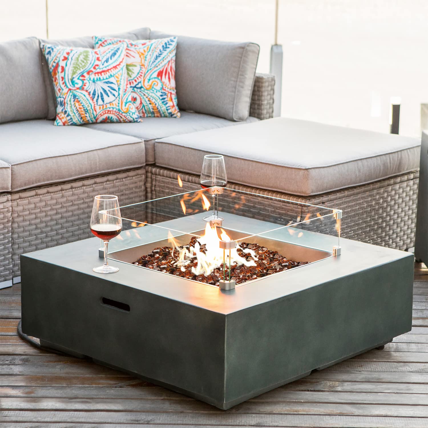 COSIEST Outdoor Propane Square Fire Pit Table, Green Faux Stone 35-inch Planter Base, 50,000 BTU Stainless Steel Burner, Amber Yellow Fire Glass and Rain Cover, Metal Lid