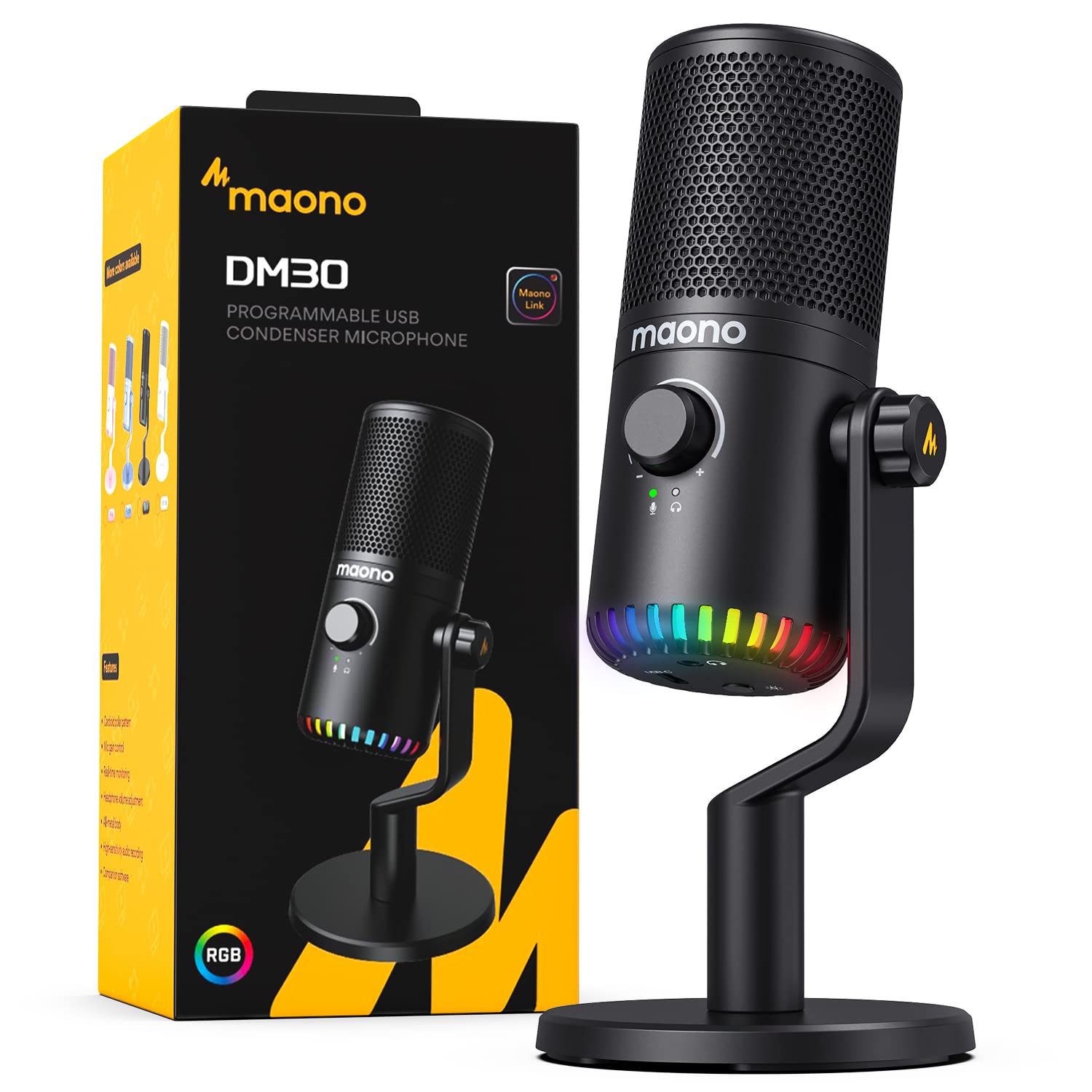 MAONO USB Gaming Microphone for PC, Programmable Condenser Mic with RGB Light, Mute, Gain, Monitoring, Volume Control for Streaming, Podcast, Twitch, YouTube, Discord, Computer, Mac, PS5, DM30 (Black)