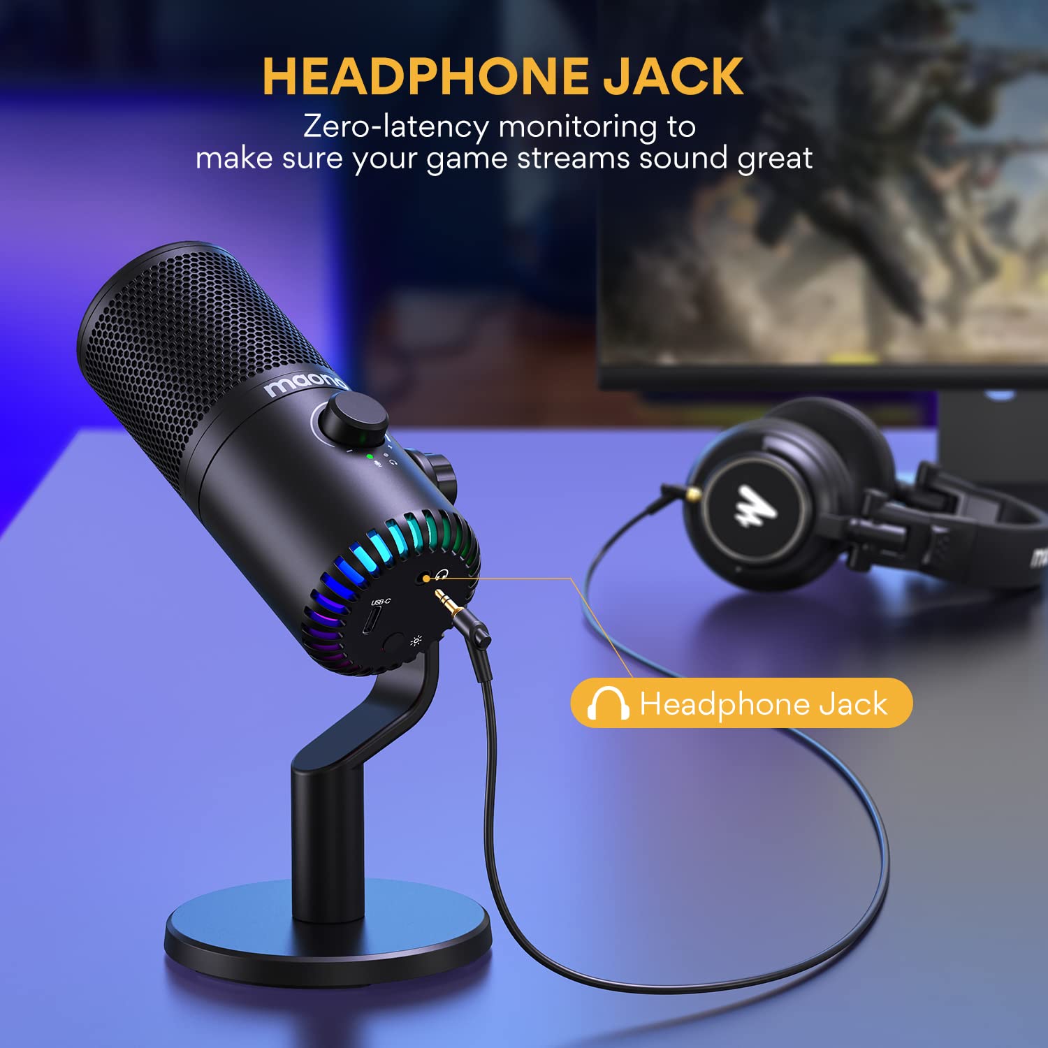 MAONO USB Gaming Microphone for PC, Programmable Condenser Mic with RGB Light, Mute, Gain, Monitoring, Volume Control for Streaming, Podcast, Twitch, YouTube, Discord, Computer, Mac, PS5, DM30 (Black)