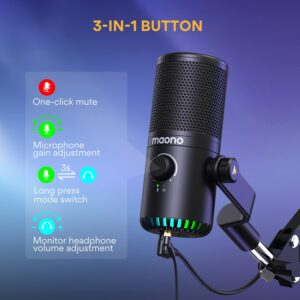 MAONO USB Gaming Microphone for PC, Programmable Condenser Mic with RGB Light, Mute, Gain, Monitoring, Volume Control for Streaming, Podcast, Twitch, YouTube, Discord, Computer, Mac, PS5, DM30 (Black)